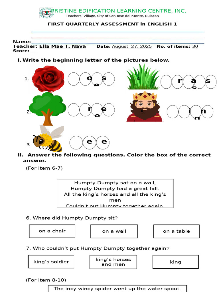 First Quarterly Assessment in English | PDF