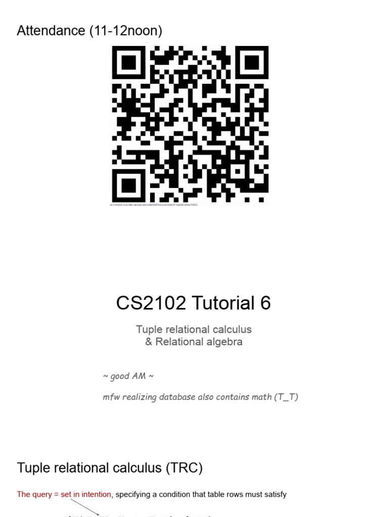 CS2102 Tutorial 6 Data Base Management F | PDF | Relational Model ...