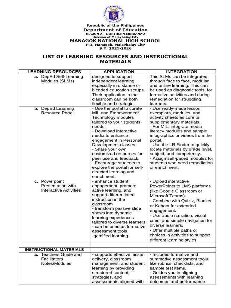 LISTS OF DEVELOPED AND USED LRs and IMs | PDF | Educational Assessment ...