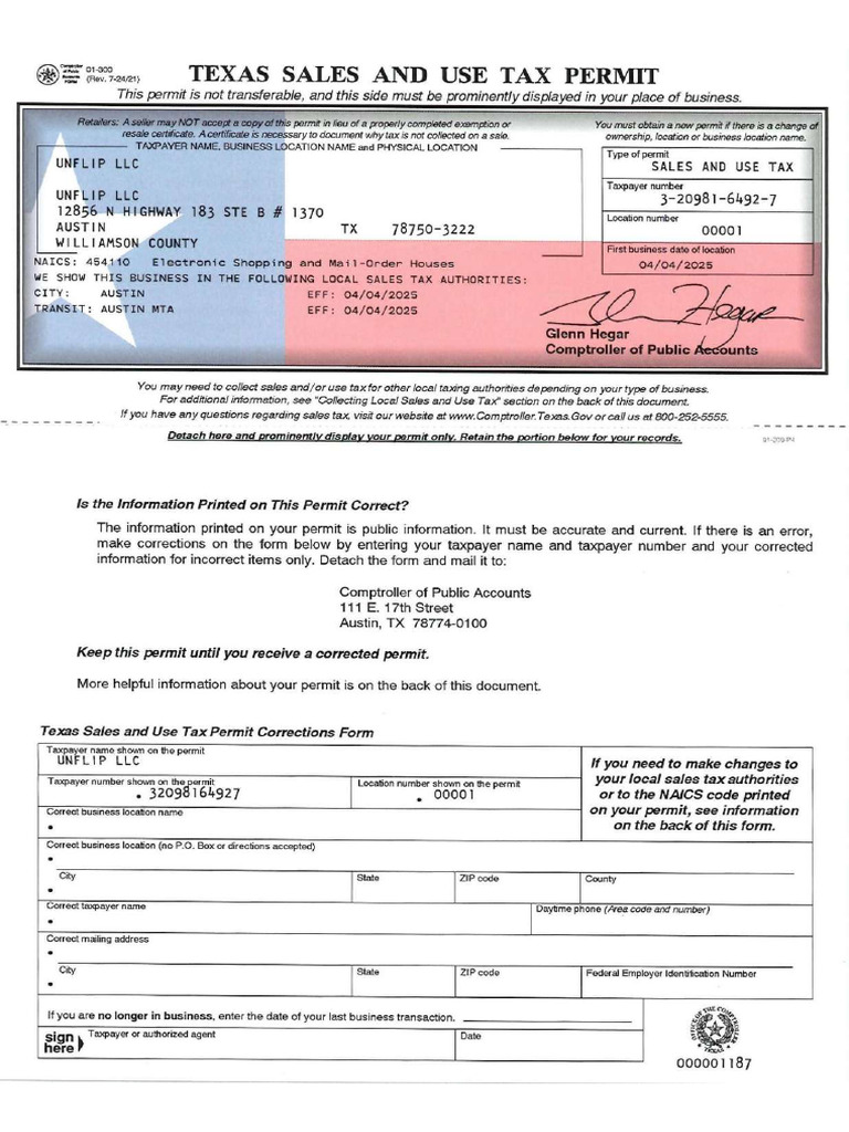 Texas Sales and Use Tax Permit | PDF