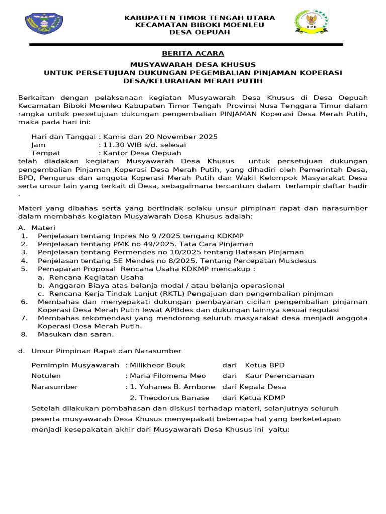 1. TTU BA. Musdes KDKMP & Daftar Hadir | PDF