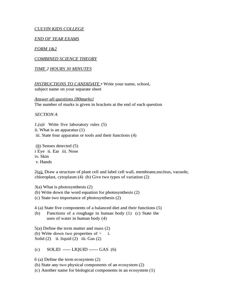 Combined Science Form One Exam | PDF
