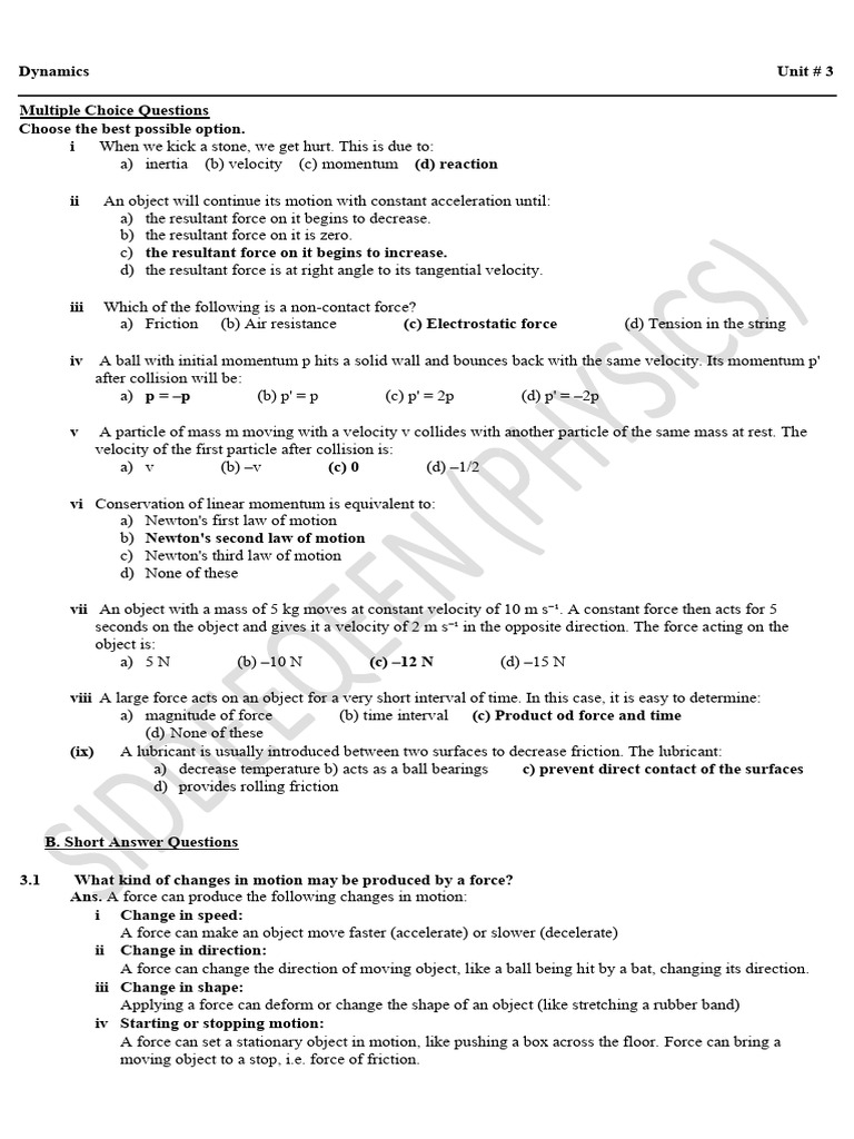 Dynamics Multiple Choice & Short Answers | PDF | Force | Newton's Laws ...
