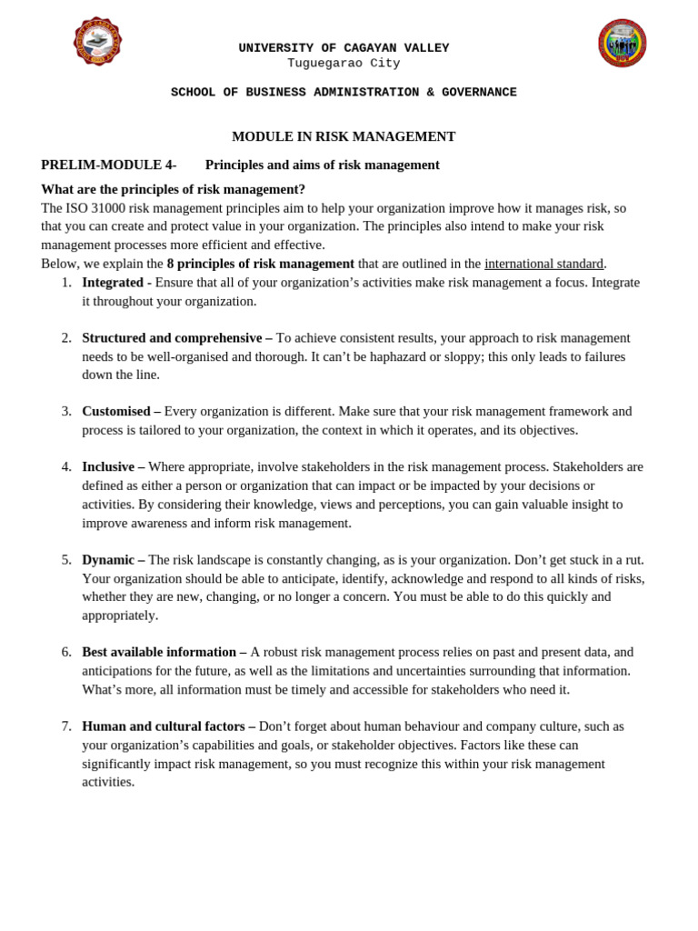 PRELIMS MODULE 4 RISK MGT Principles and Aims of Risk Mgt | PDF | Risk ...