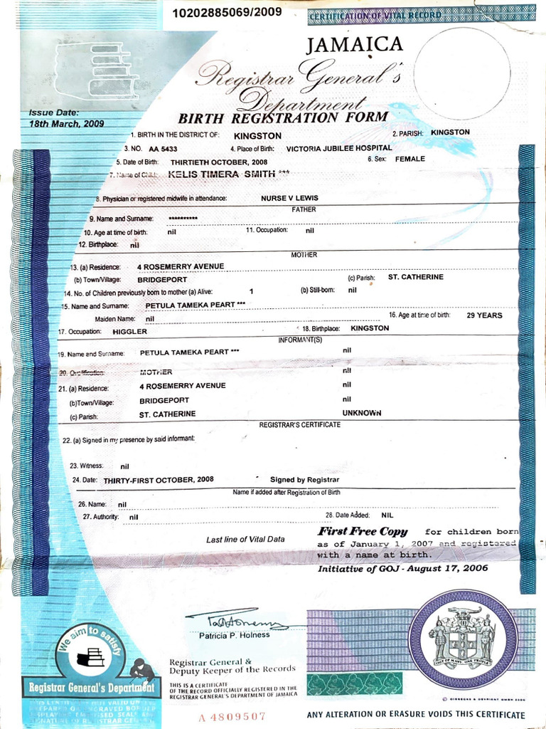 Jamaica Birth Registration Form | PDF | Social Institutions
