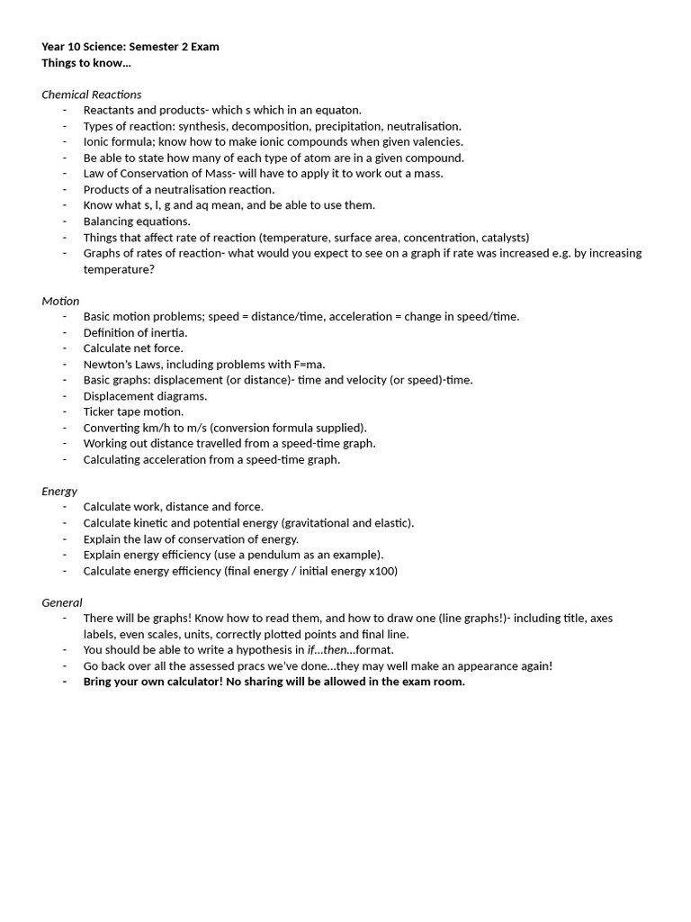 Year 10 Science Semester 2 Exam Things To Know | PDF