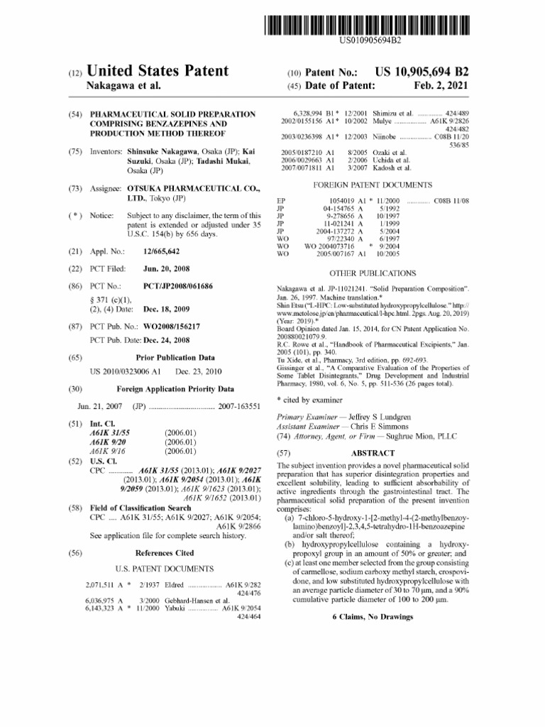 US10905694 Samsca Tolvaptan | PDF | Tablet (Pharmacy) | Solvent