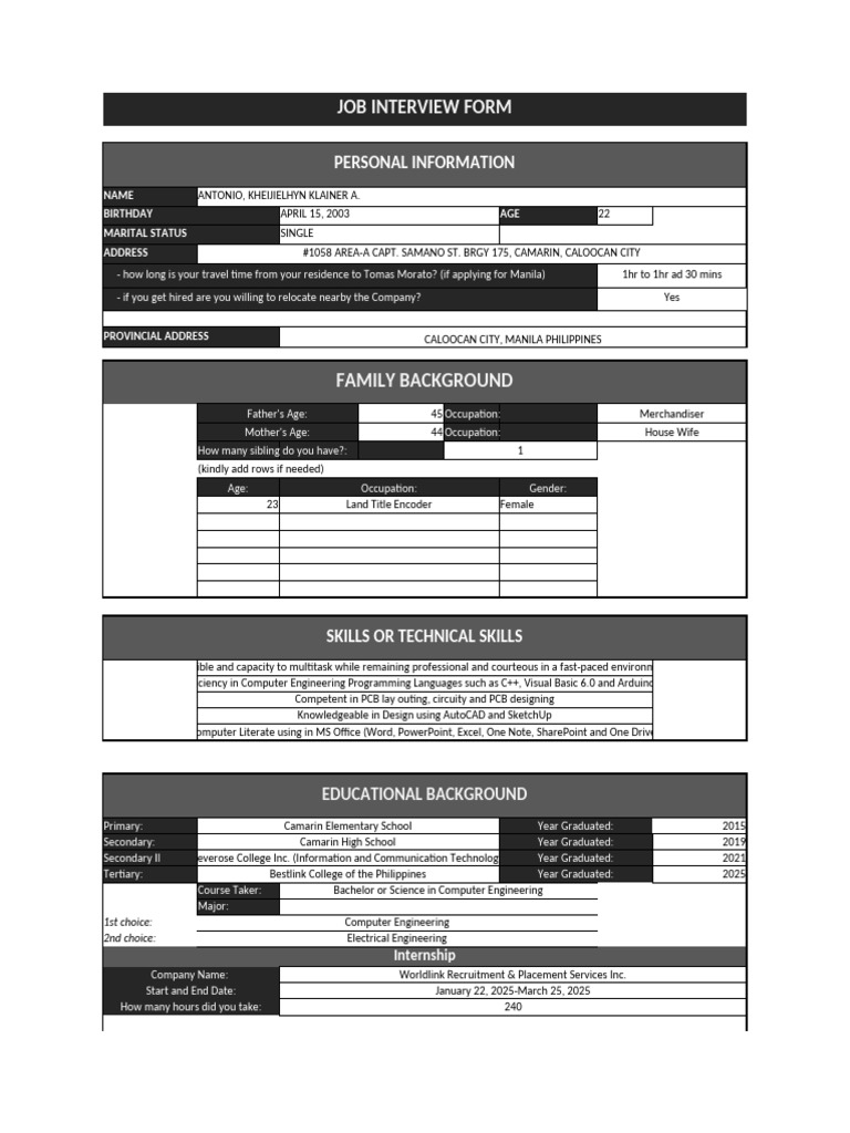 Job Interview Form for Kheijielhyn Antonio | PDF