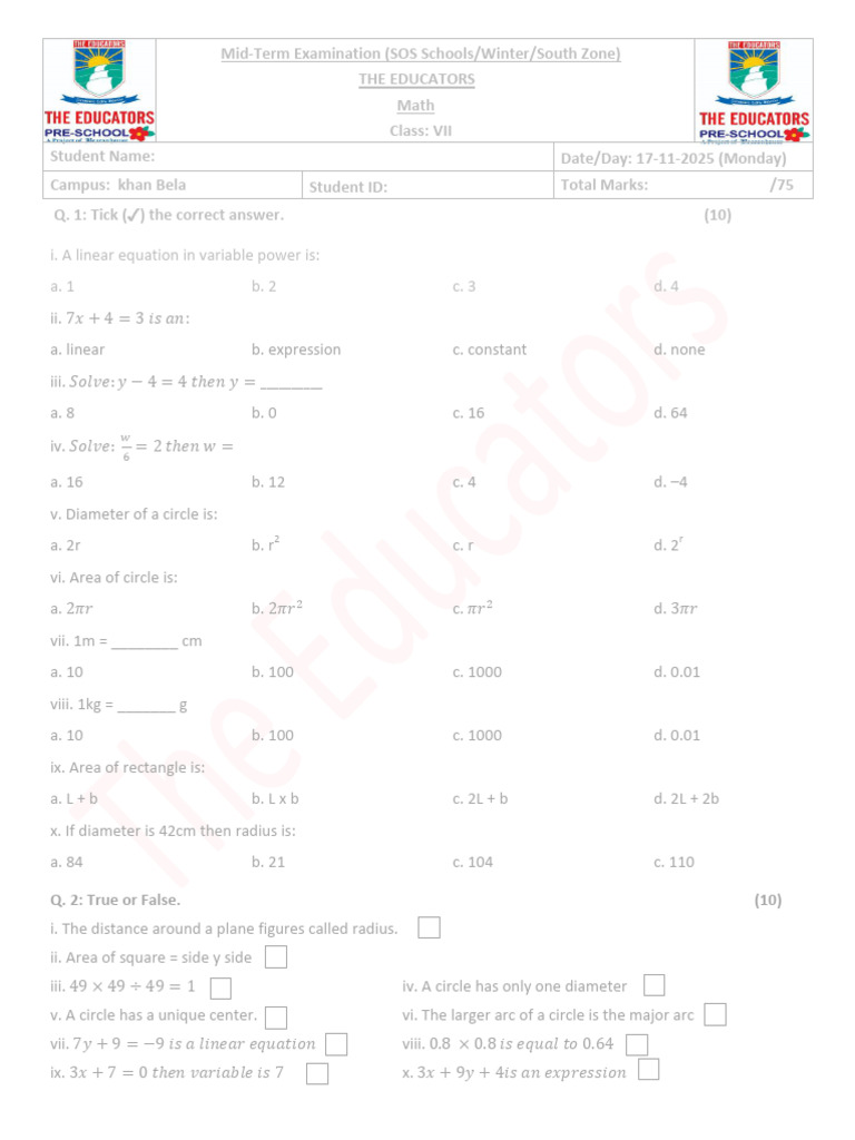 Math Exam Questions for Class VII | PDF | Circle | Area