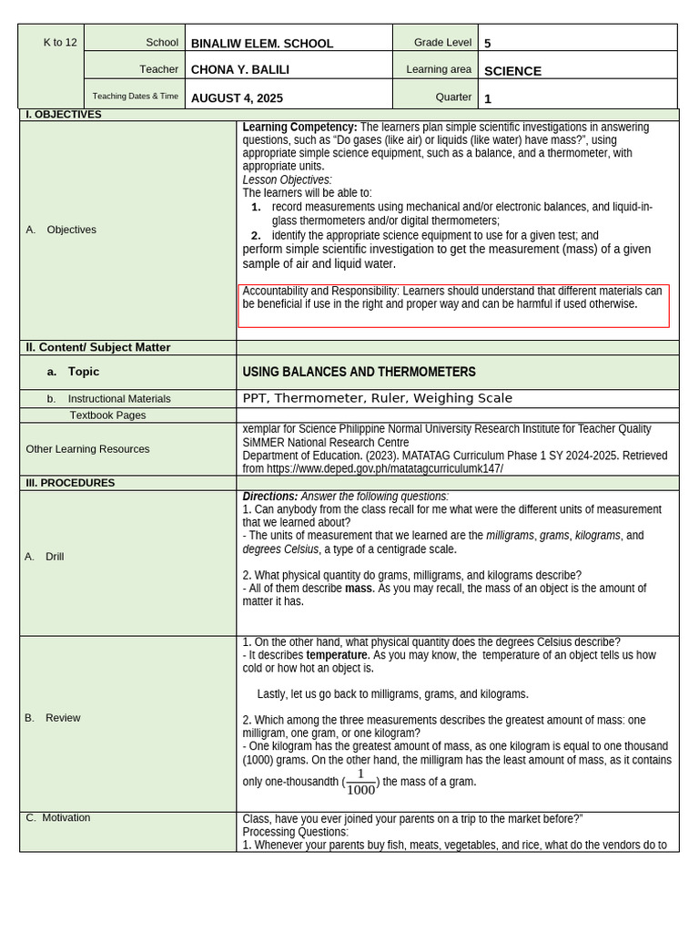 Science Lesson: Balances & Thermometers | PDF | Temperature | Mass