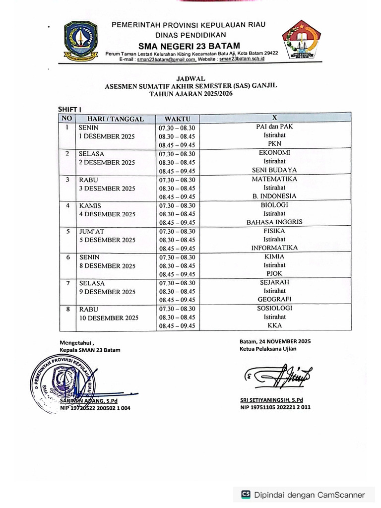 Jadwal Sas Ganjil Ta 25-26 | PDF