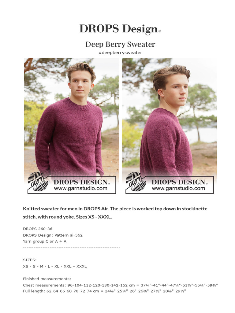 Deep Berry Sweater - Knitted Sweater for Men in DROPS Air. the Piece is ...