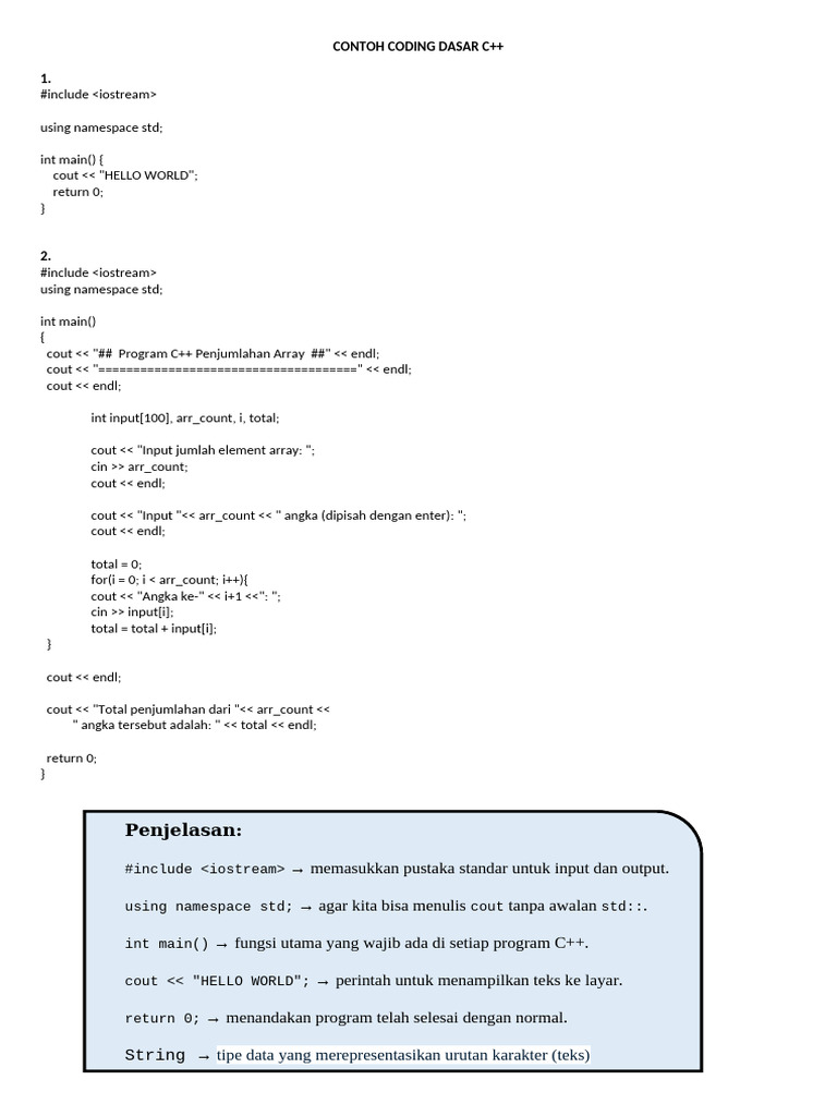 Contoh Program Dasar C++ untuk Pemula | PDF