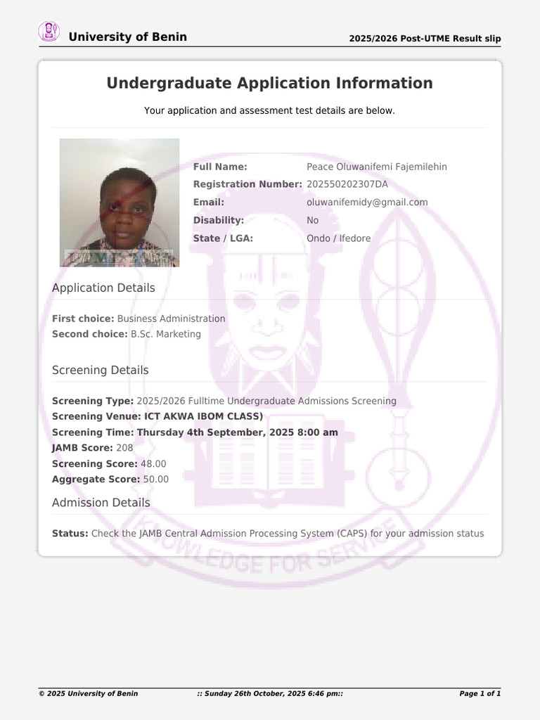 2025 - 2026 Post-UTME Result Slip | PDF