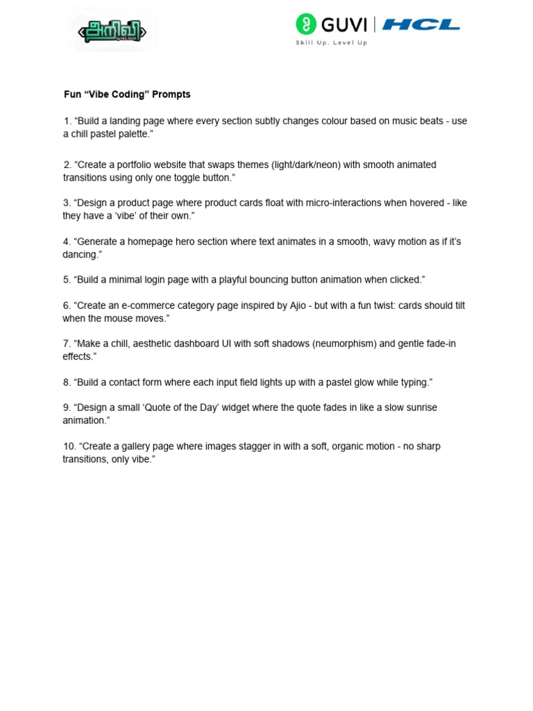 Fun “Vibe Coding” Prompts - Arivi by HCL GUVI | PDF