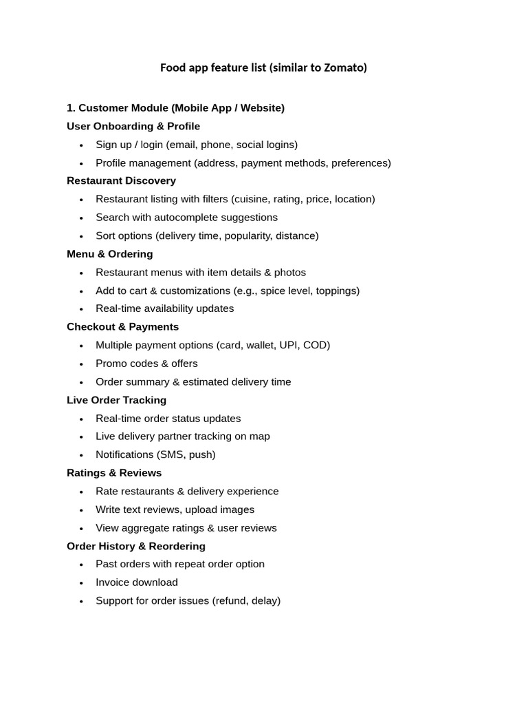Comprehensive Food App Feature List | PDF | Menu | Computing