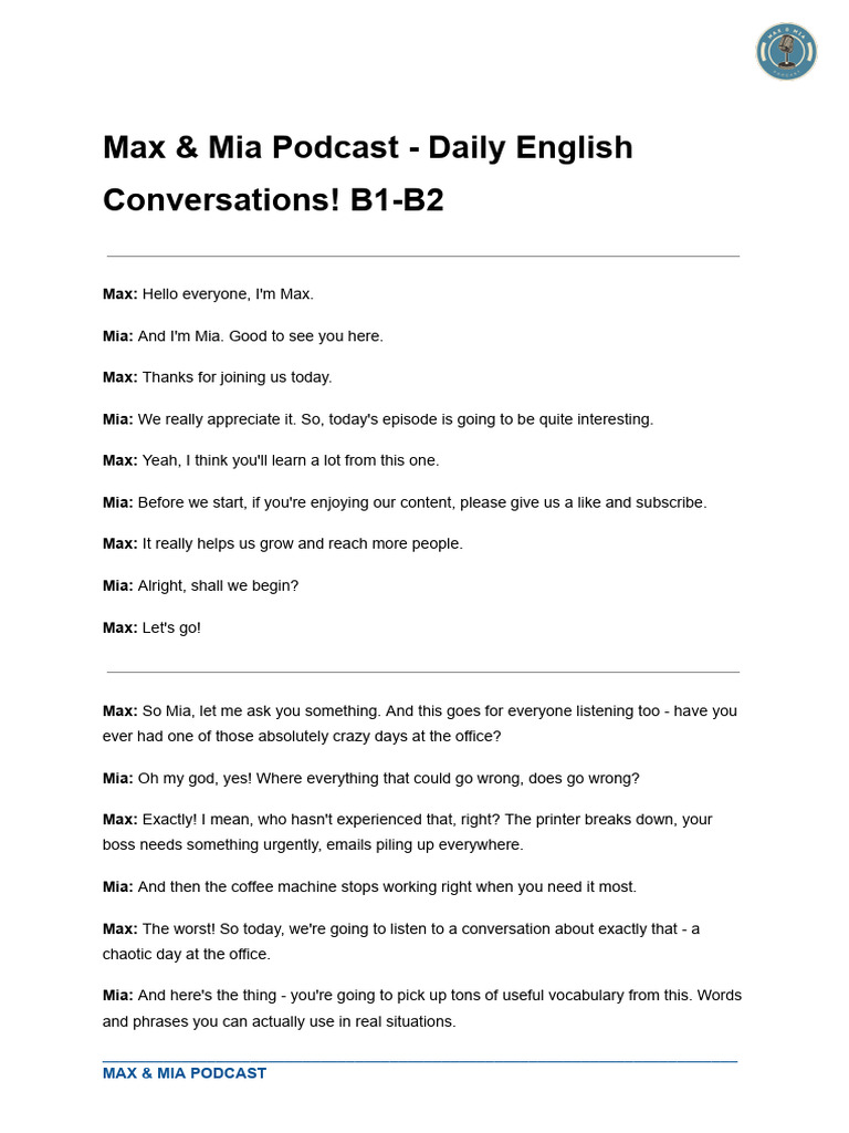 Max & Mia Podcast - Daily English Conversations | PDF | Clause | Verb