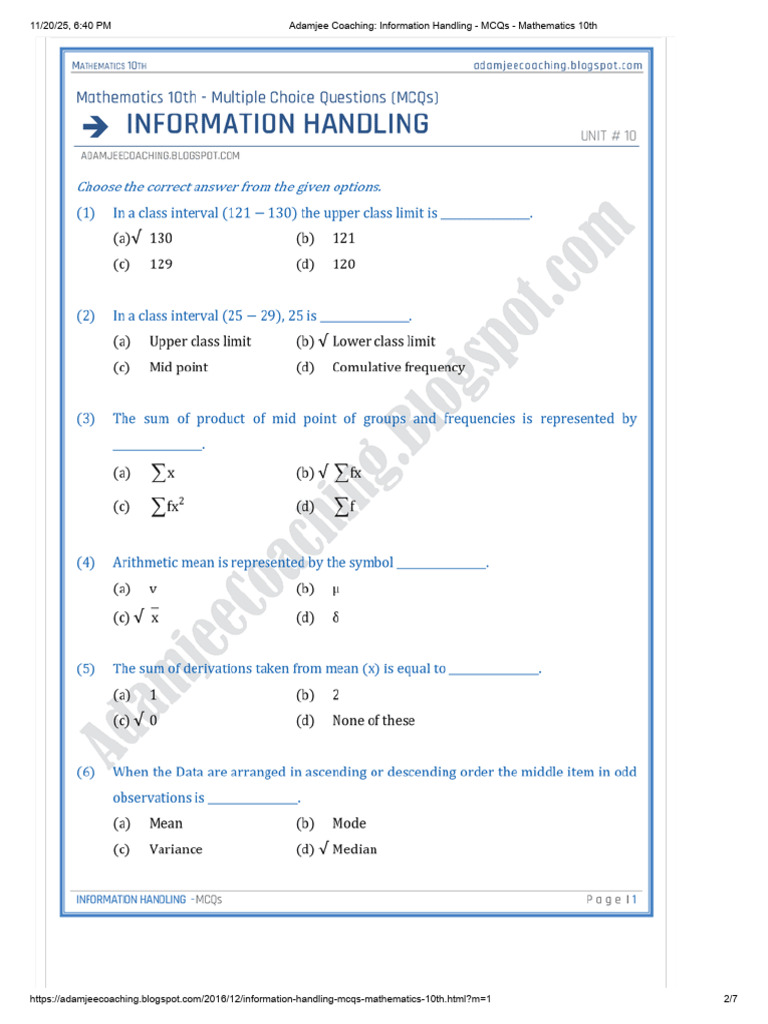 Information Handling - MCQs - Mathematics 10th | PDF