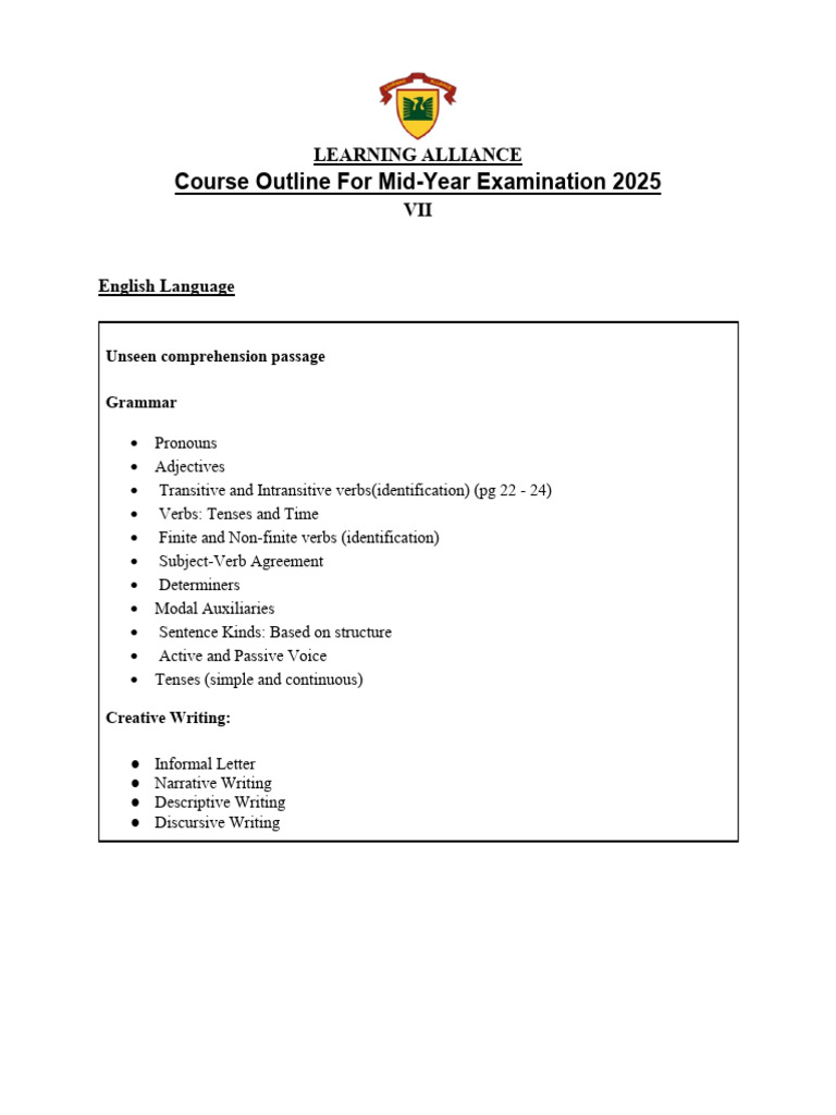 GR 7 December Mid Year Course Outline | PDF | Verb | Linguistics
