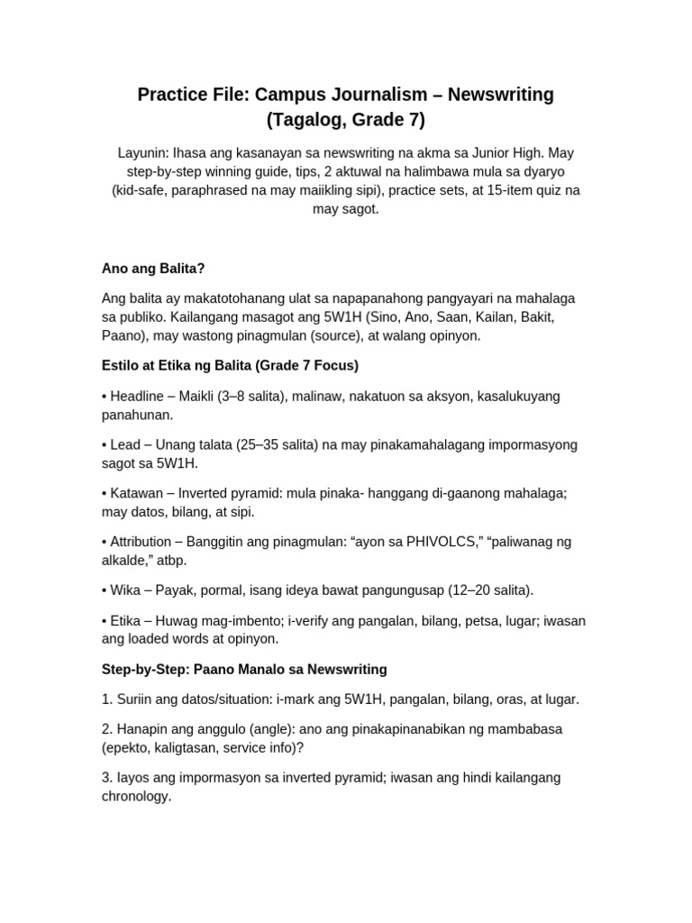 Practice Campus Journalism Newswriting Grade7 Tagalog With Quiz | PDF