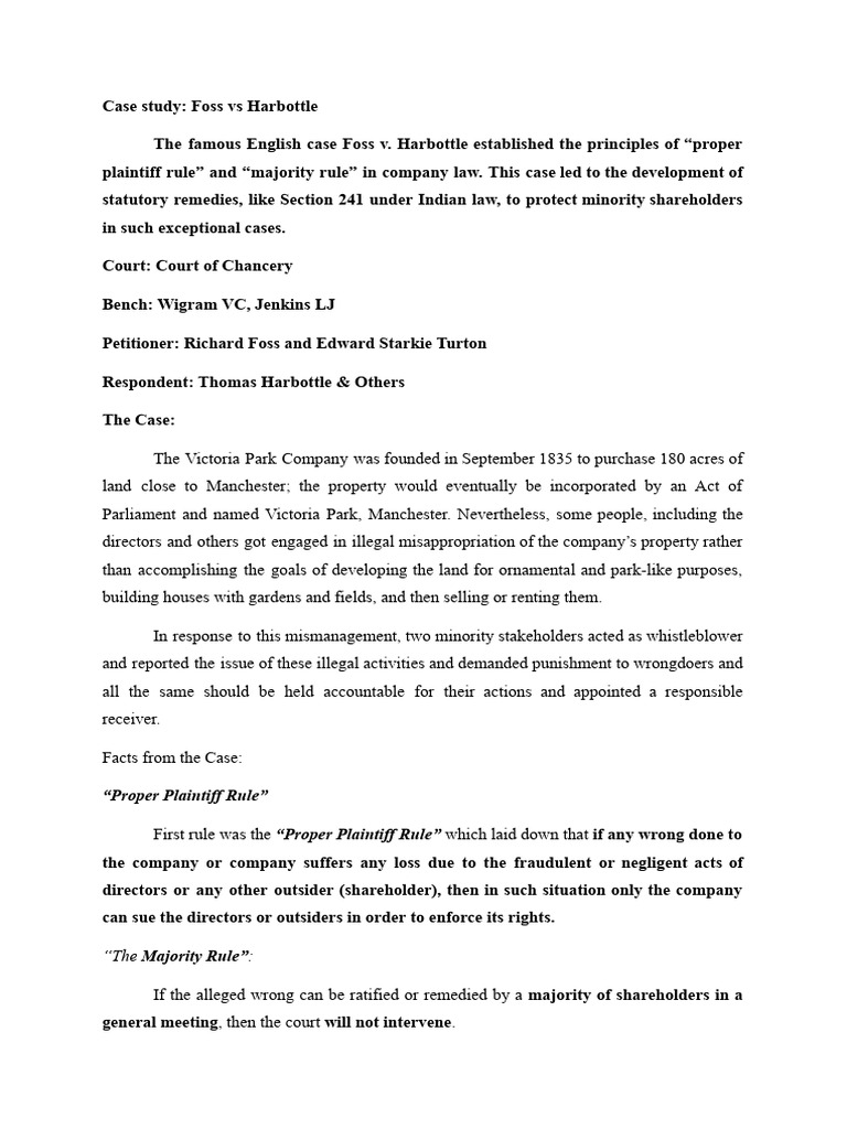 Case Study-FOSS vs Harbottle.docx | PDF | Civil Law (Common Law ...
