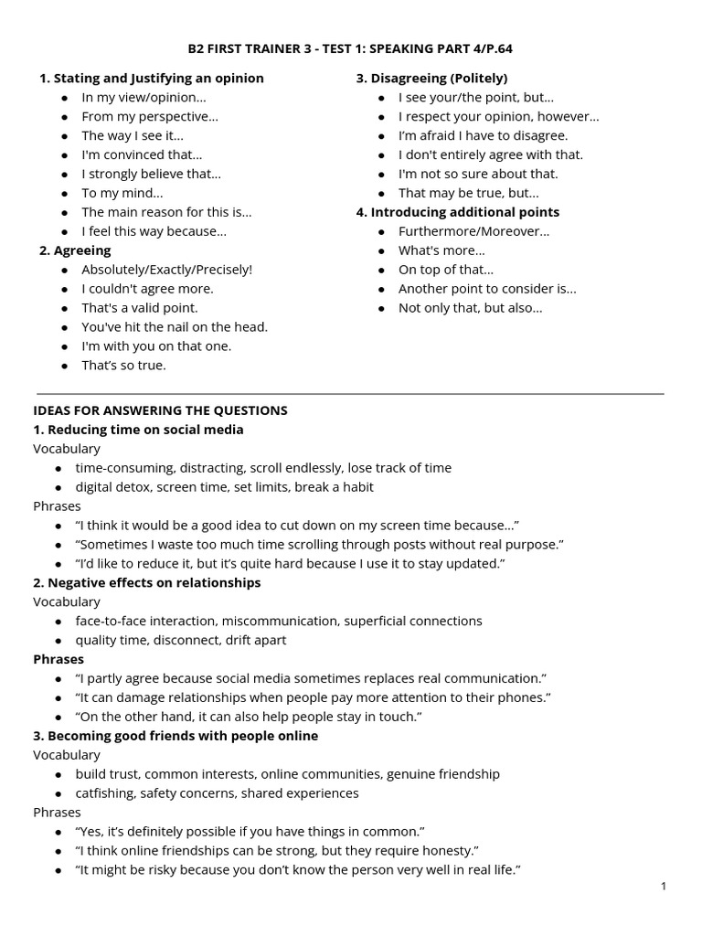B2 Speaking Test: Opinion Phrases Guide | PDF | Psychological Concepts ...