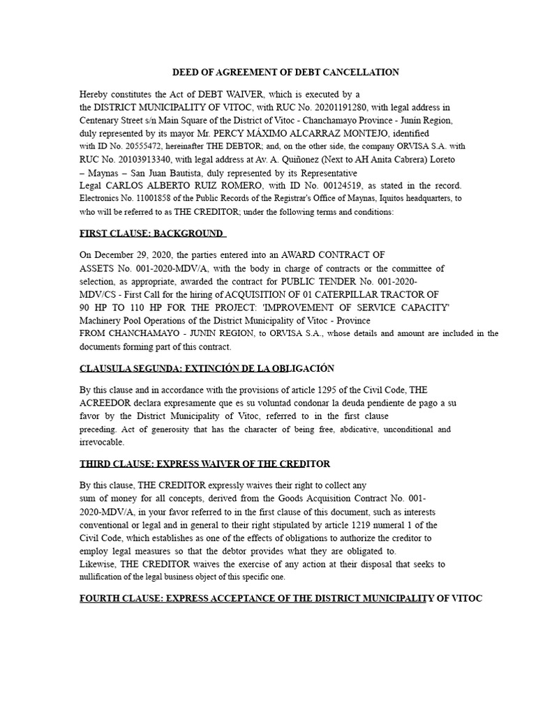 Debt Cancellation Agreement Record | PDF | Private Law | Business Law
