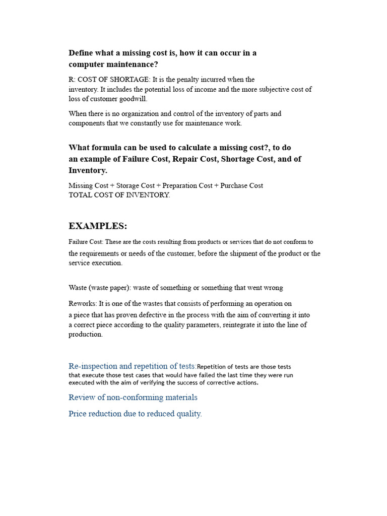 Define what a missing cost is. | PDF