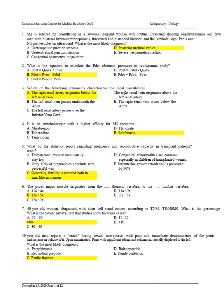 Urology Medical Residency Exam Questions | PDF | Kidney | Urology