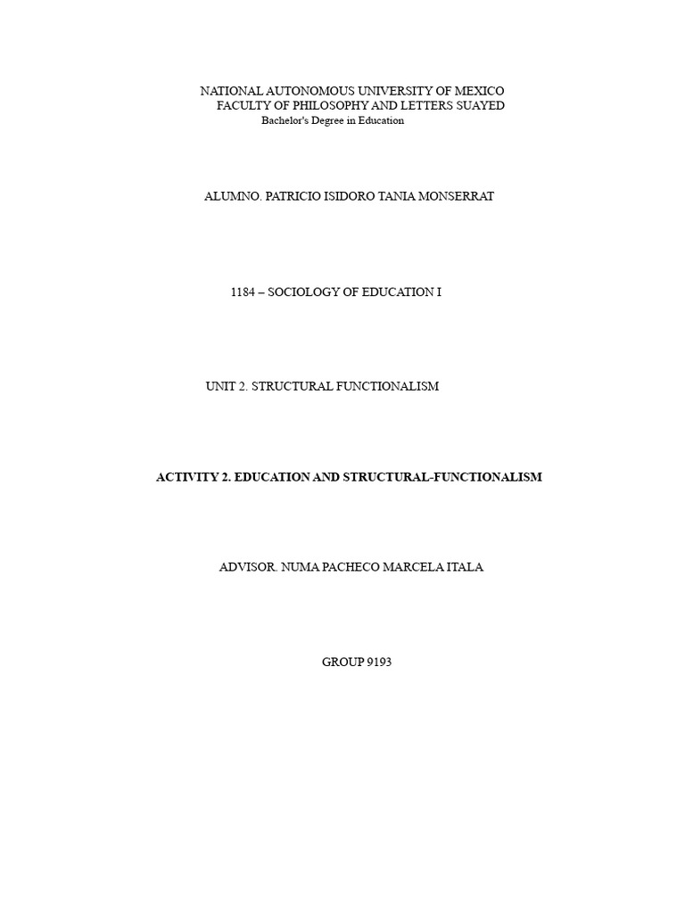 ACTIVITY 2. EDUCATION AND STRUCTURAL-FUNCTIONALISM | PDF | Psychology ...