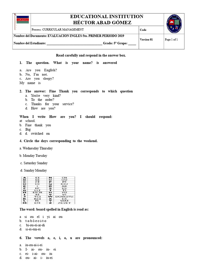 English 5 Evaluation First Period 2 | PDF | Linguistics