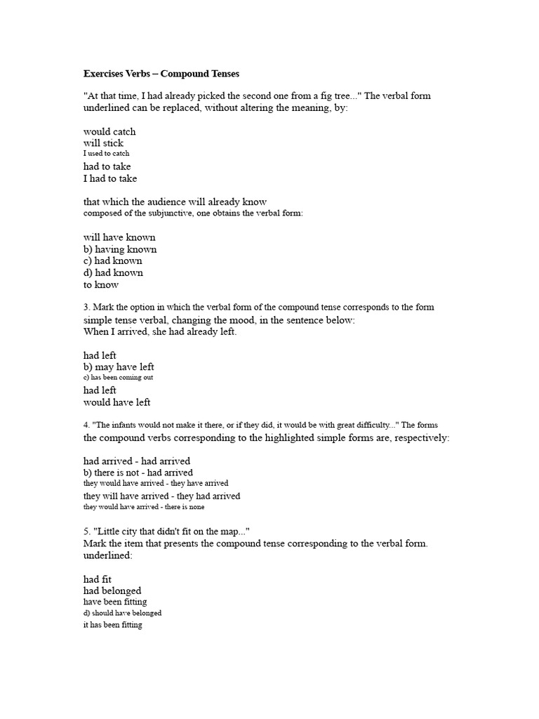 Exercises on Verbs - Compound Tenses | PDF | Grammatical Tense ...