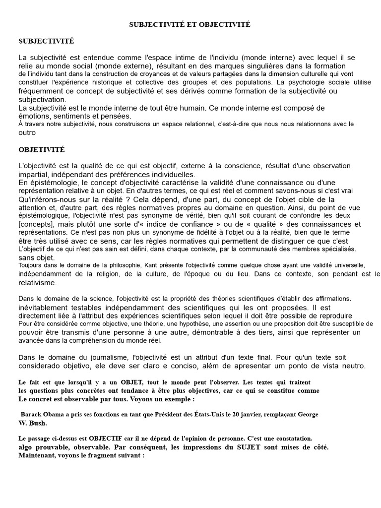 Subjectivité et Objectivité : Concepts Clés | PDF | Épistémologie | Vérité