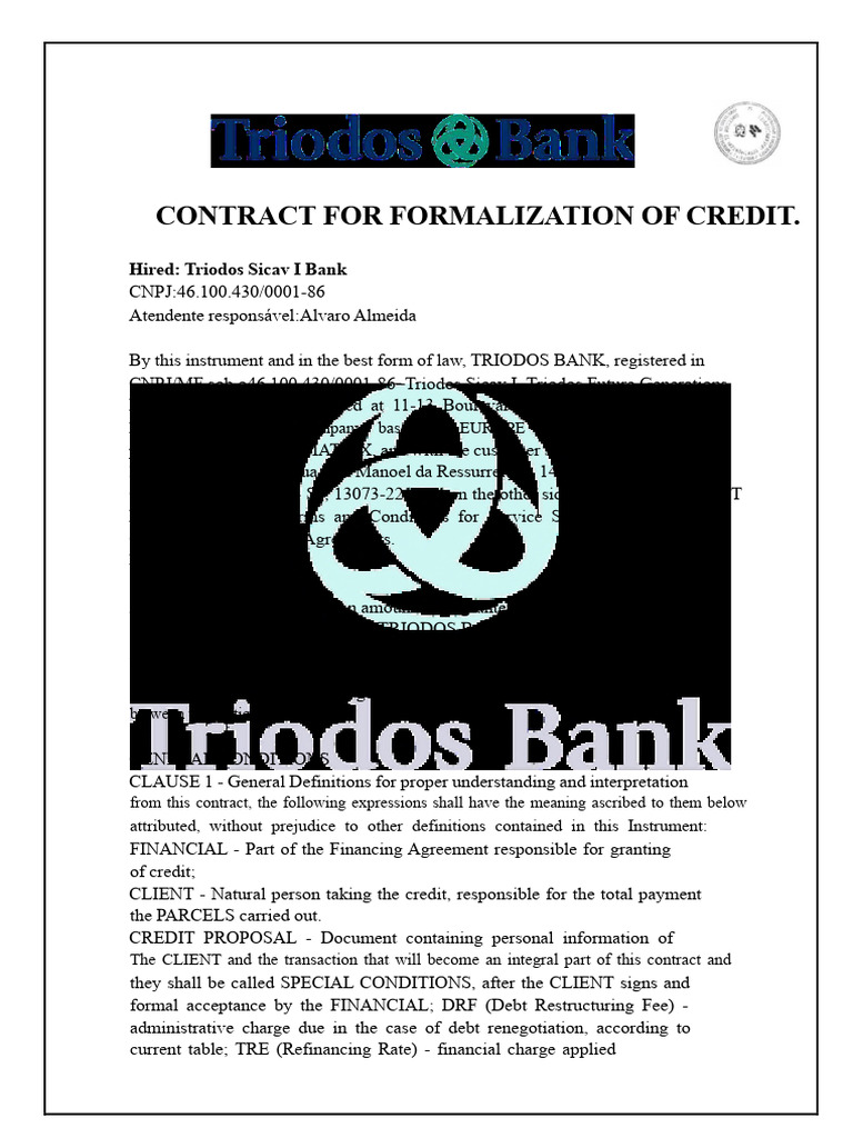 CONTRACT - TRIODOS BANK Alvaro Almeida | PDF | Credit | Finance & Money ...
