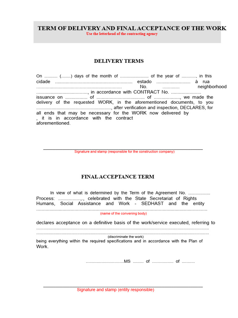 Final Delivery and Acceptance Term of the Work Model | PDF