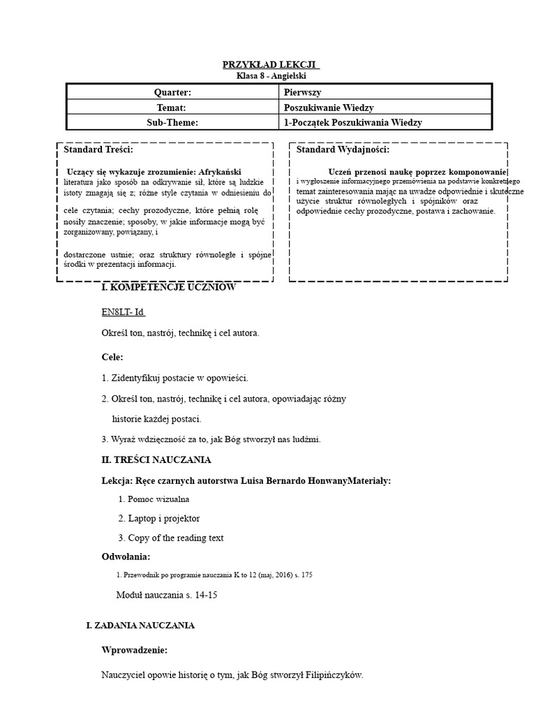 G8 Lekcja Angielskiego Przykład 1 Kwartal | PDF