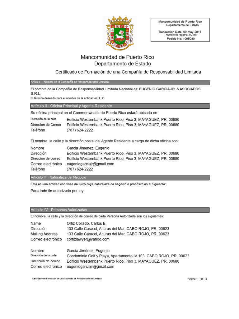 Certificado de Empresa de LLC | PDF | Puerto Rico