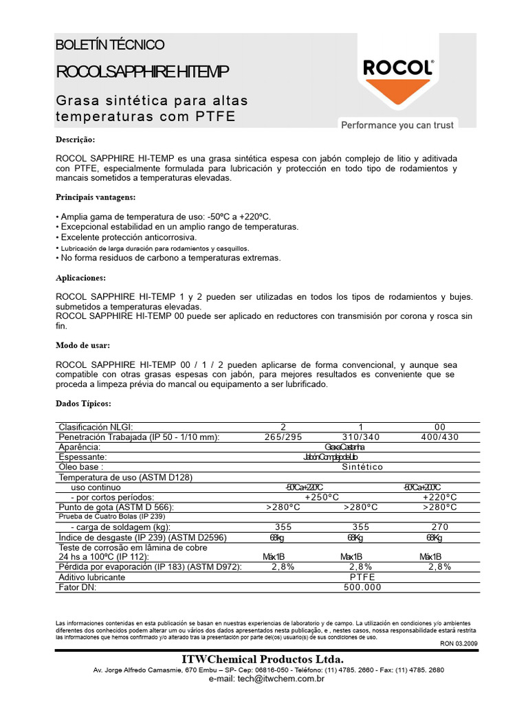 Grasa Sintética Rocol Sapphire Hi-Temp | PDF | Ingeniería mecánica ...