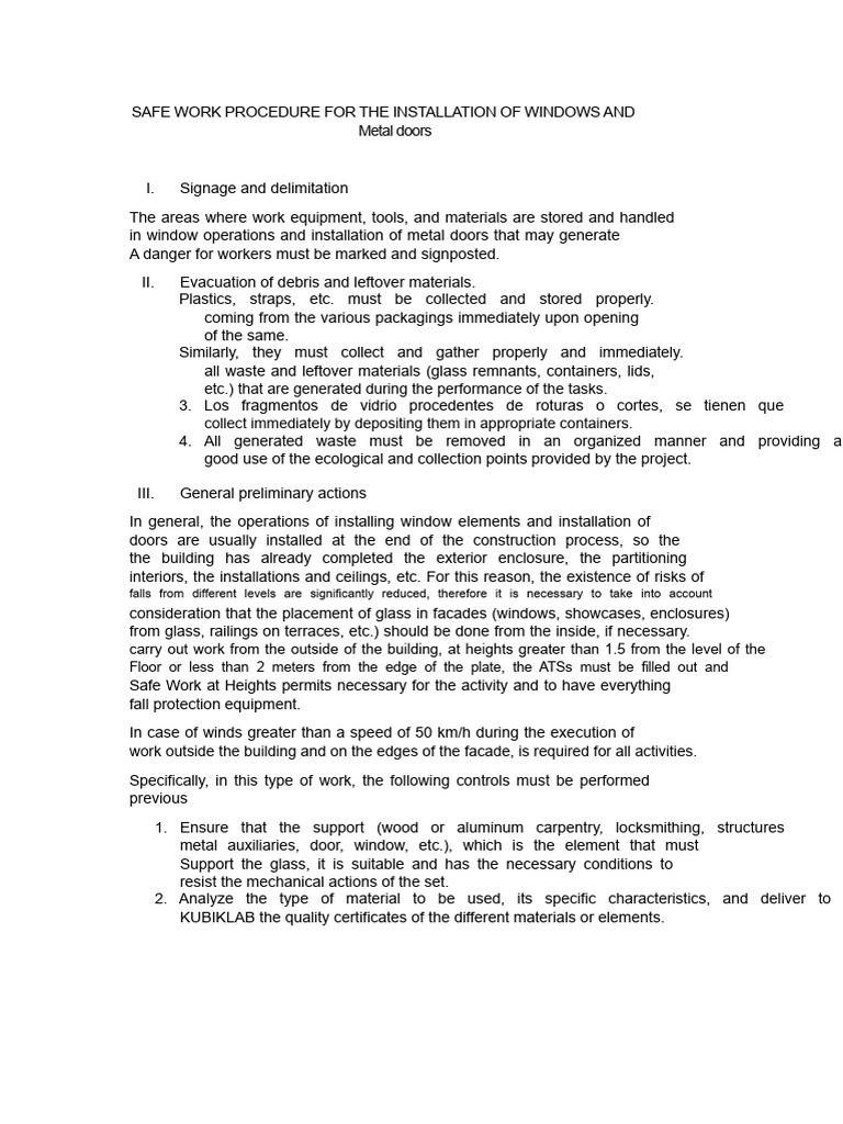 Safe Work Procedure For The Installation of Windows and Metal Doors ...