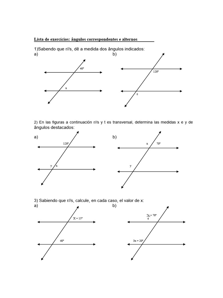 Ejercicios de Ángulos Correspondientes y Alternos | PDF | Ángulo ...