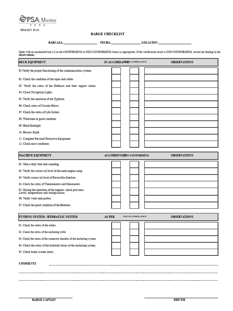 FRM-0055 Barge Checklist Rev.02 | PDF