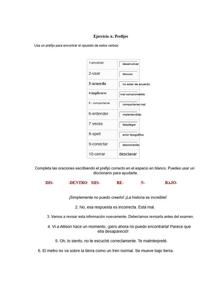 Ejercicios de Prefijos y Sufijos en Español | PDF