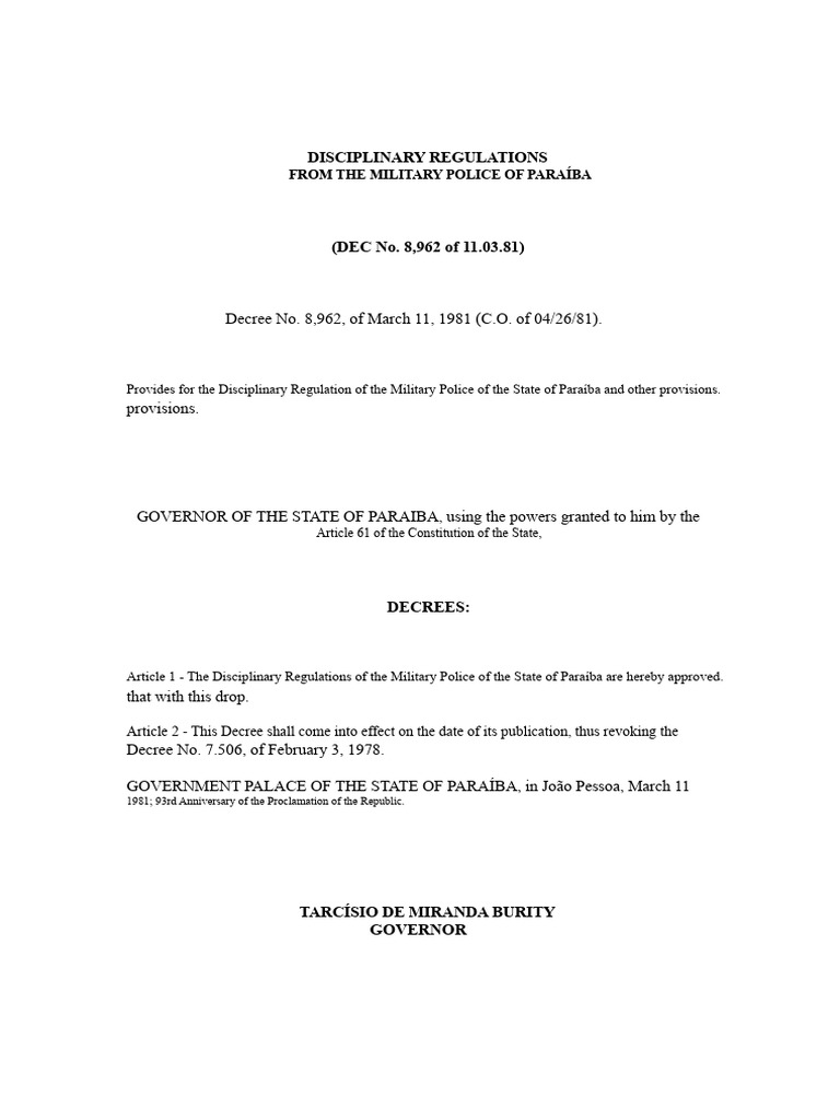 Disciplinary Regulations of Paraíba Military Police | PDF | Punishments ...