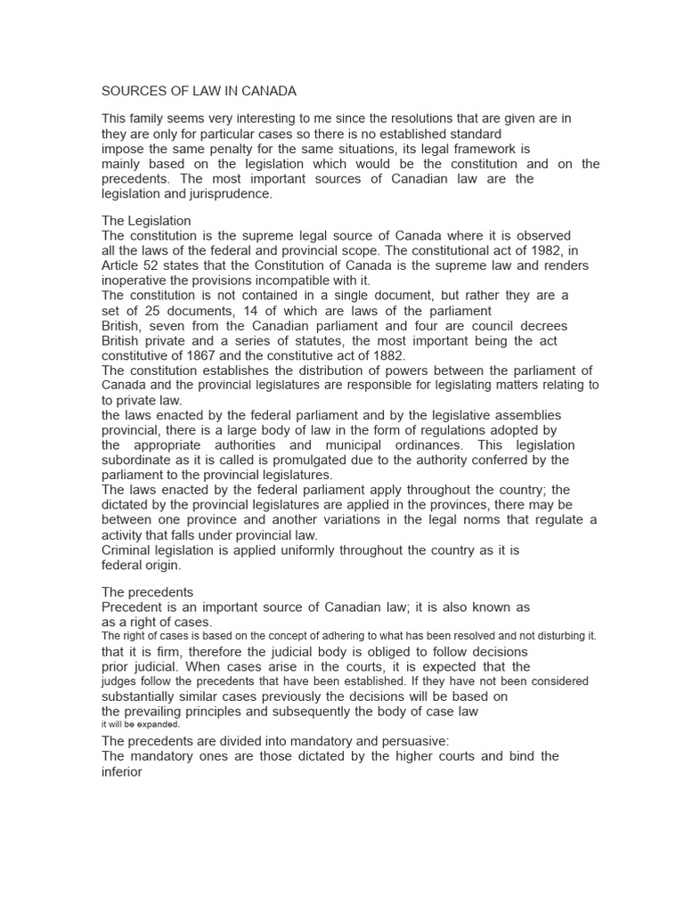 Sources of Law in Canada Explained | PDF | Precedent | Constitution