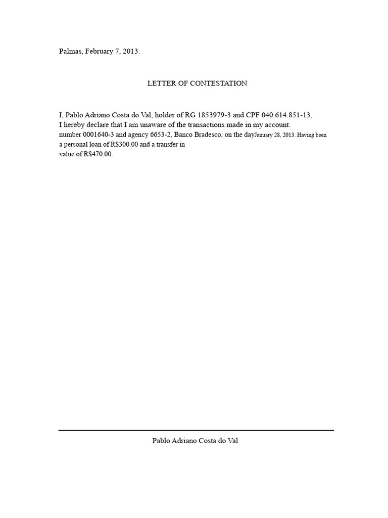 Contestation Letter for Unauthorized Transactions | PDF