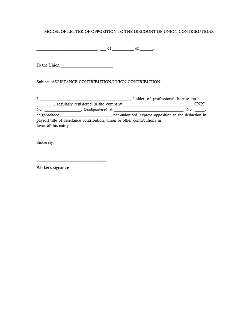 Model Letter of Opposition to the Deduction of Union Contributions | PDF