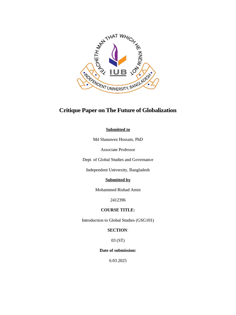 Critique Paper [2412396] [Mohammed Rishad Amin] GSG101 SEC 03 | PDF | Globalization | Economic ...