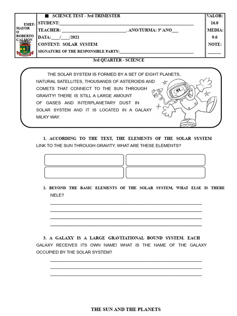 3rd Trimester Science Test: Solar System | PDF | Solar System | Planets