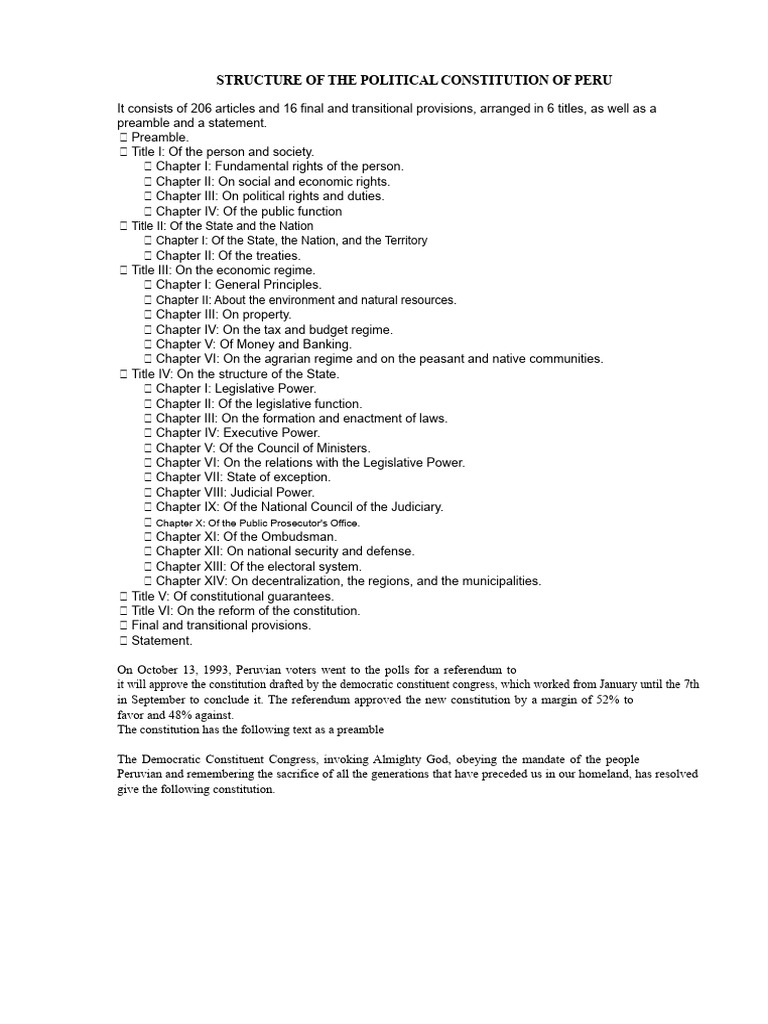 Structure of Peru's Political Constitution | PDF | Government ...