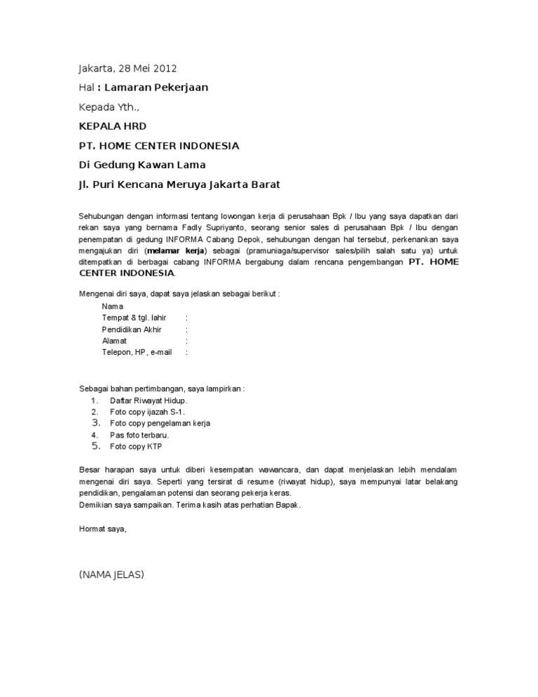 Surat Lamaran Kerja Informa | PDF | Karier & Perkembangan